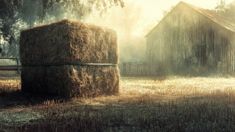 Hay Bale in a Field with a Barn in the Background Stock Illustration ...
