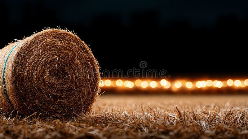 Hay Bale on a Field at Night with Blurred Warm Lights in the Background ...