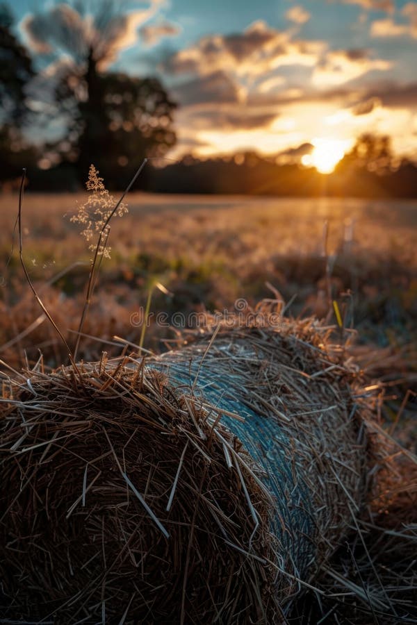 Hay Bale in Field at Sunset Stock Image - Image of bale, golden: 374651407