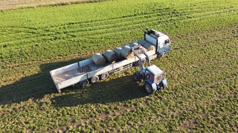 Hay Bale Loading Aerial Video Stock Video - Video of combine, land ...