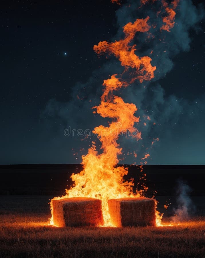 Hay Bales Burning Fiercely in a Nighttime Field Fire Stock Photo ...