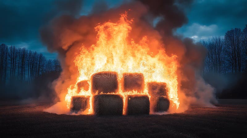 Hay Bales Engulfed in Flames Burning Intensely at Night Stock Image ...