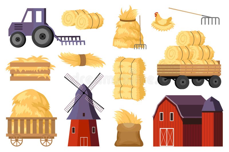 Hay Bales at Farm Mega Set Elements in Flat Design. Bundle of Tractor ...
