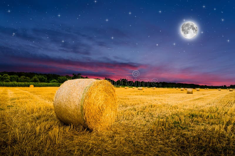 Hay bales in the night stock photo. Image of land, natural - 58477156