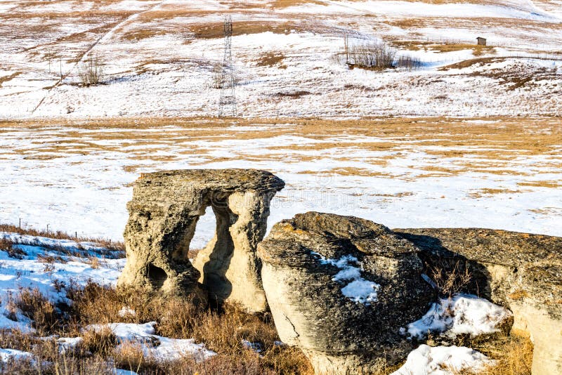 Hay Bales and Rock Formation Dot the Fields. Rockyview County,Alberta ...