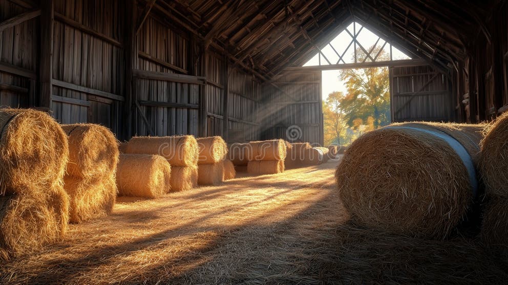 Hay Bales in a Rustic Barn stock photo. Image of field - 341641490