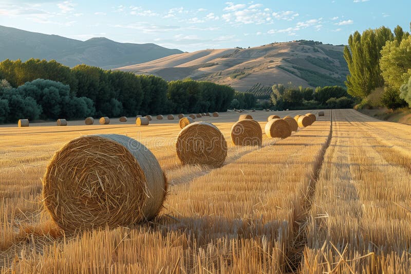Hay Bales Scattered in a Field with Mountains in the Background Stock ...