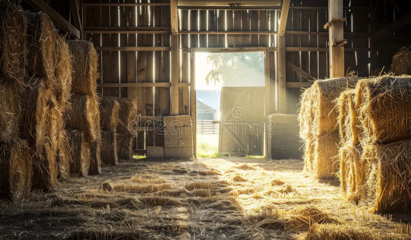 Hay Bales Stacked in Barn with Sunlight Streaming in through the Open ...
