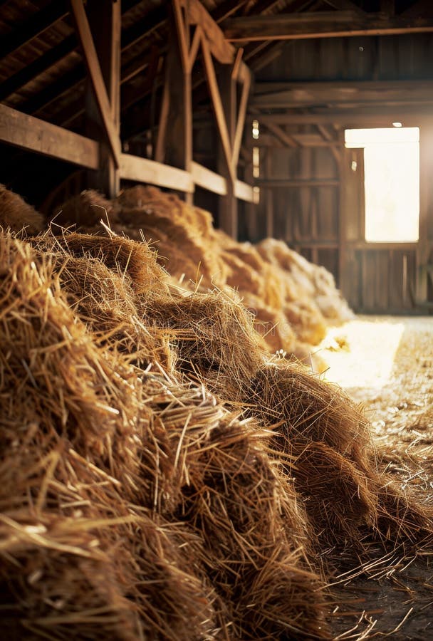 Hay Bales and Straw Inside Barn. a Pile of Hay in the Barn Stock Photo ...