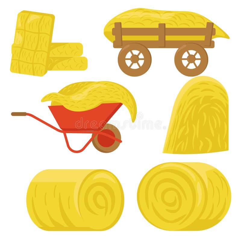 Hay in Rolls, Haystacks on Various Wheelbarrows and Carts Stock Vector ...