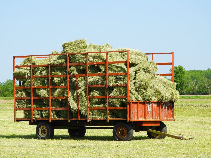 Fully Loaded Red Hay Wagon with Square Haybales Stock Photo - Image of ...
