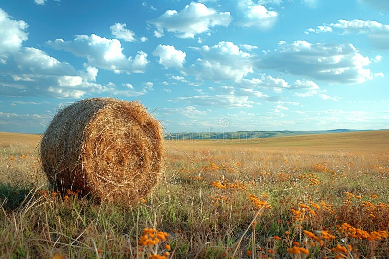 A Haystack Rests Peacefully on a Sunny Field Surrounded by Blooming ...