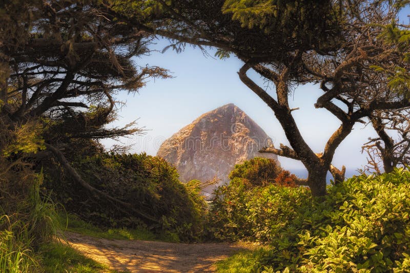 Haystack Rock at Cape Kiwanda Stock Photo - Image of geological, trees ...