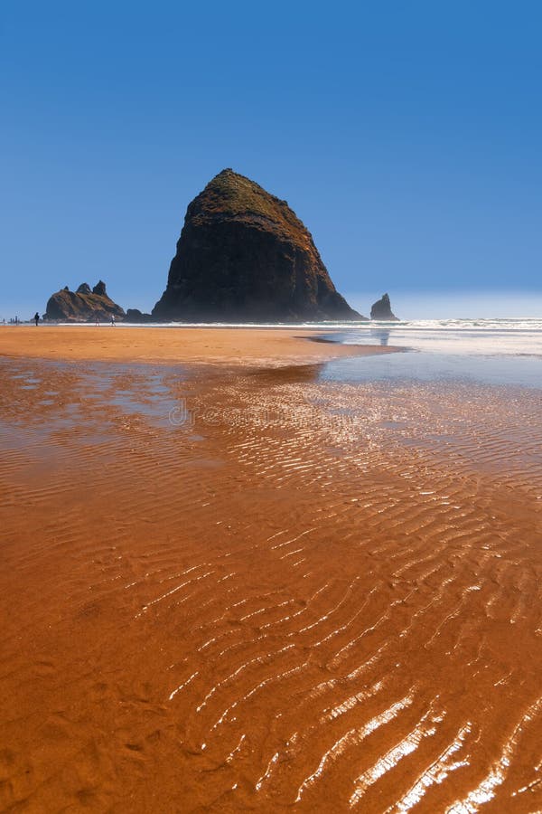 Haystack Rock and Wet Beach at Pacific Coast in Oregon State, USA Stock ...