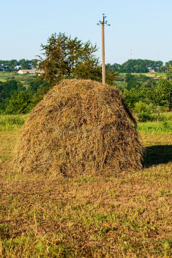 A Haystack is Stacked in a Field. Behind it is a Pillar Stock Photo ...