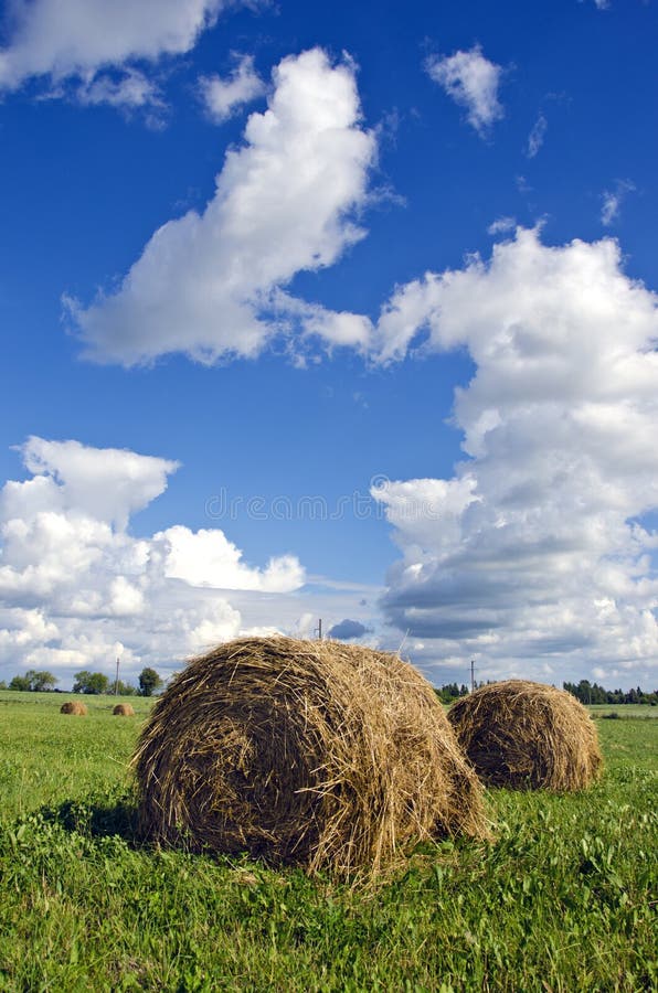 Haystacks on the Field in Autumn Season with Cloudy Sky Stock Photo ...