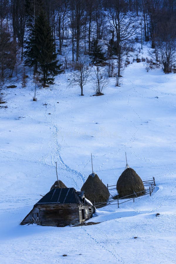 Haystacks in Winter Mountain Somewhere Stock Image - Image of ...