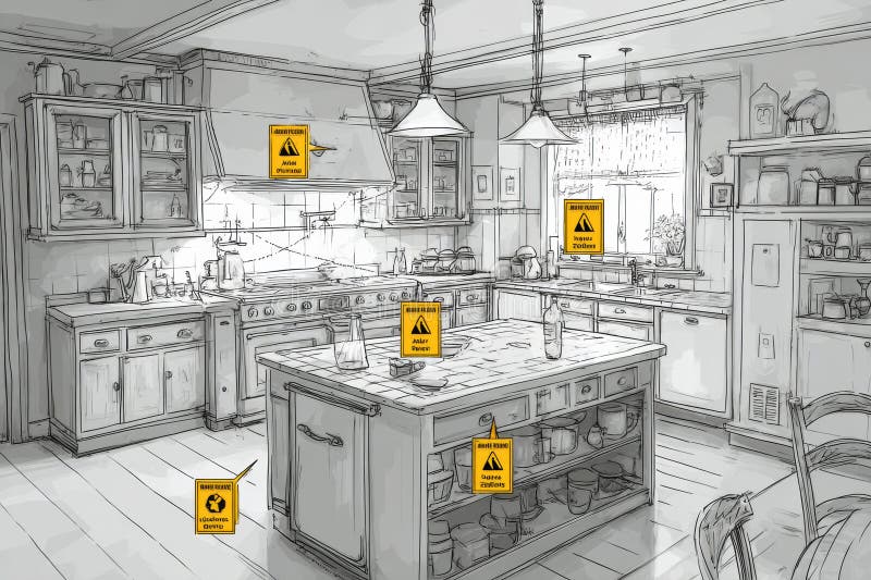 Kitchen Setup with Hazardous Zones Marked Clearly, Enhancing Safety ...
