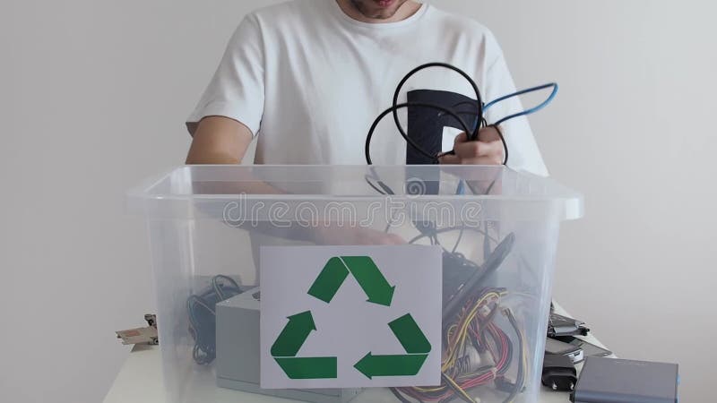 Hazardous E-Waste Recycling. Man Throws Broken Household Electrical and ...