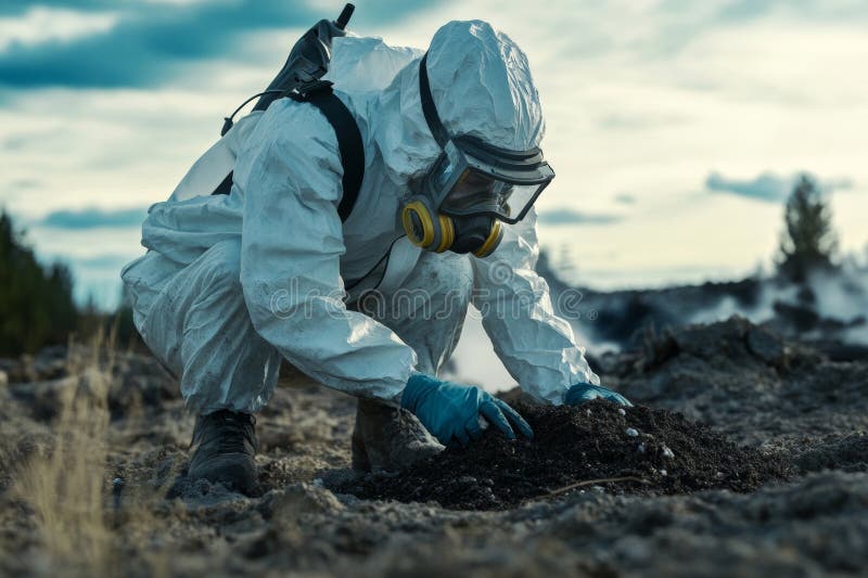 Hazardous Materials Expert in Protective Gear Examines Soil Samples at ...