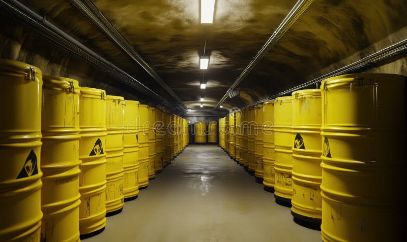 Hazardous Waste Storage Facility with Yellow Barrels Lined in ...