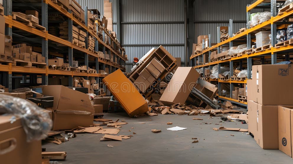 Hazardous Work Environment with Tipped Shelving Unit and Disordered ...