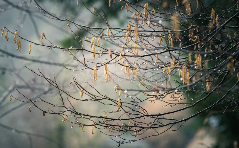 Hazel tree in the rain stock image. Image of plant, pollination - 271911773