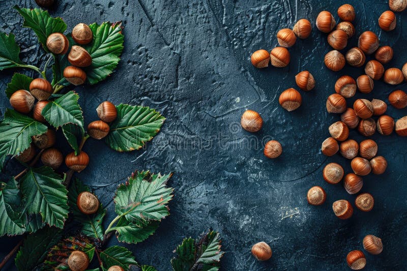 Hazelnut on a Blue Background. Hazelnut with Leaves on Dark Marble ...