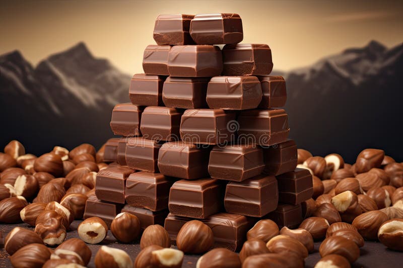 Hazelnut Chocolate, Stack of Pieces of Milk Chocolate with Whole ...