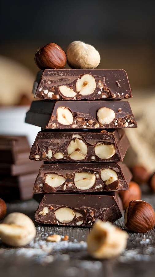 Hazelnut Filled Chocolate Bars Stacked on Rustic Surface Stock ...
