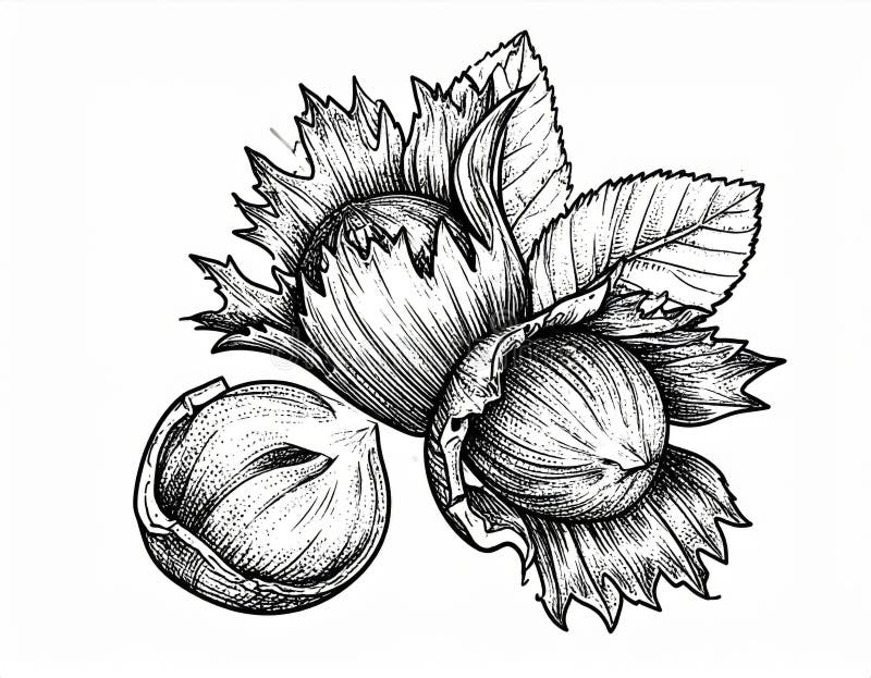 Hazelnut Illustration: Black and White Detailed Drawing Stock ...
