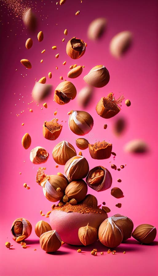 Hazelnuts Creatively Falling-Dripping Flying or Splashing on Pink ...