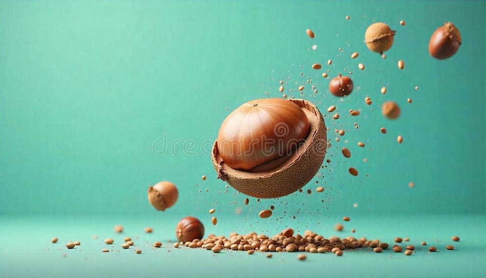 Hazelnuts Exploding in a Mid-air Collision Against a Turquoise Backdrop ...