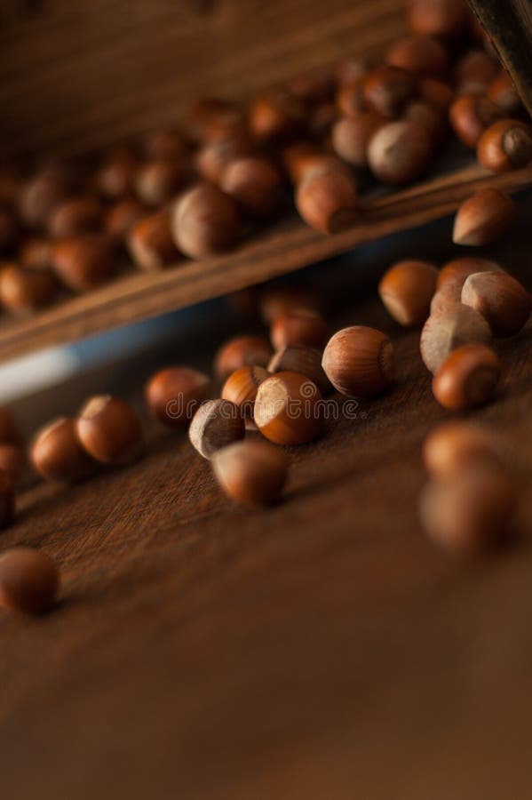 Hazelnuts in Motion Tumbling from Wooden Box Stock Photo - Image of ...