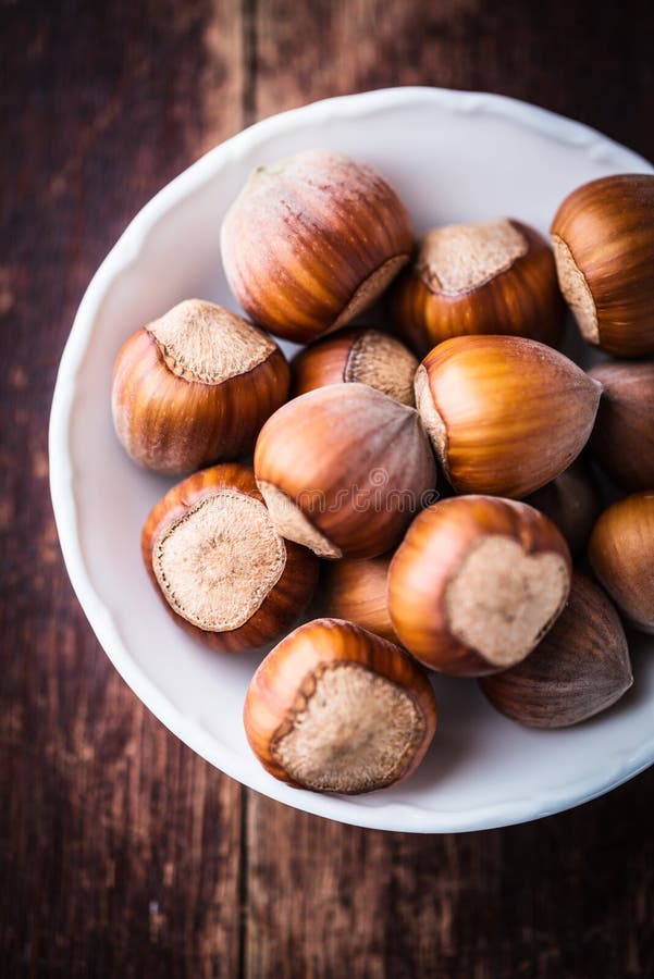Hazelnuts in a small bowl stock photo. Image of close - 25679036