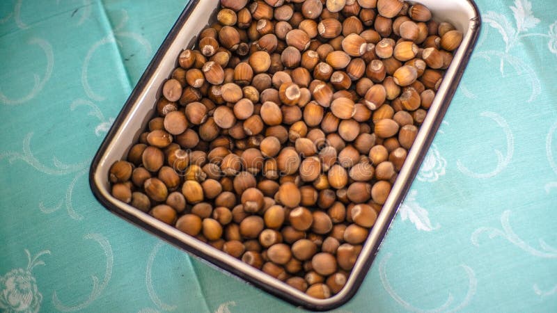 Hazelnuts in the White Containers on the Blue Table Stock Photo - Image ...