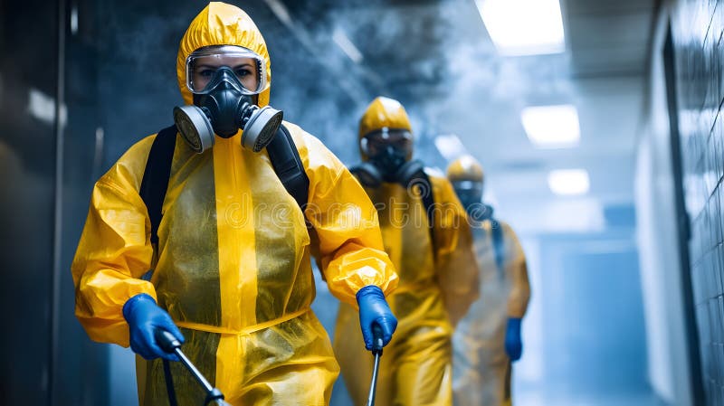 Hazmat Team Members in Protective Suits and Masks Navigating a ...