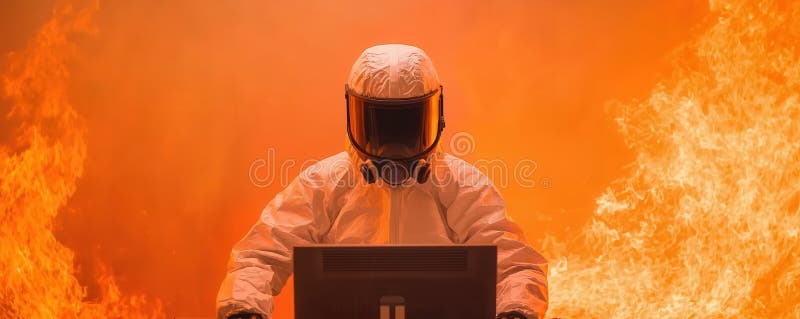 Hazmat Worker at Burning Computer Dramatic Fire Scene Stock ...
