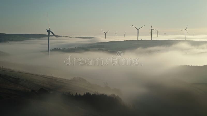 A Hazy Morning with Wind Turbines Standing in Silhouette Against the ...