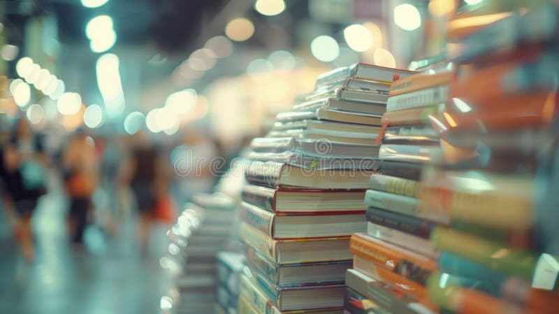 Hazy Rows of Stacked Novels at a Bustling Book Signing Stock Image ...