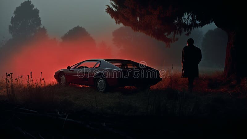 Hazy Silhouette of a Red Car in the Dark Forest Stock Illustration ...