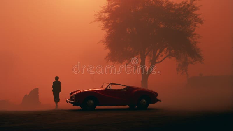Hazy Silhouette of a Red Car Under a Sunset with Smoke Stock ...
