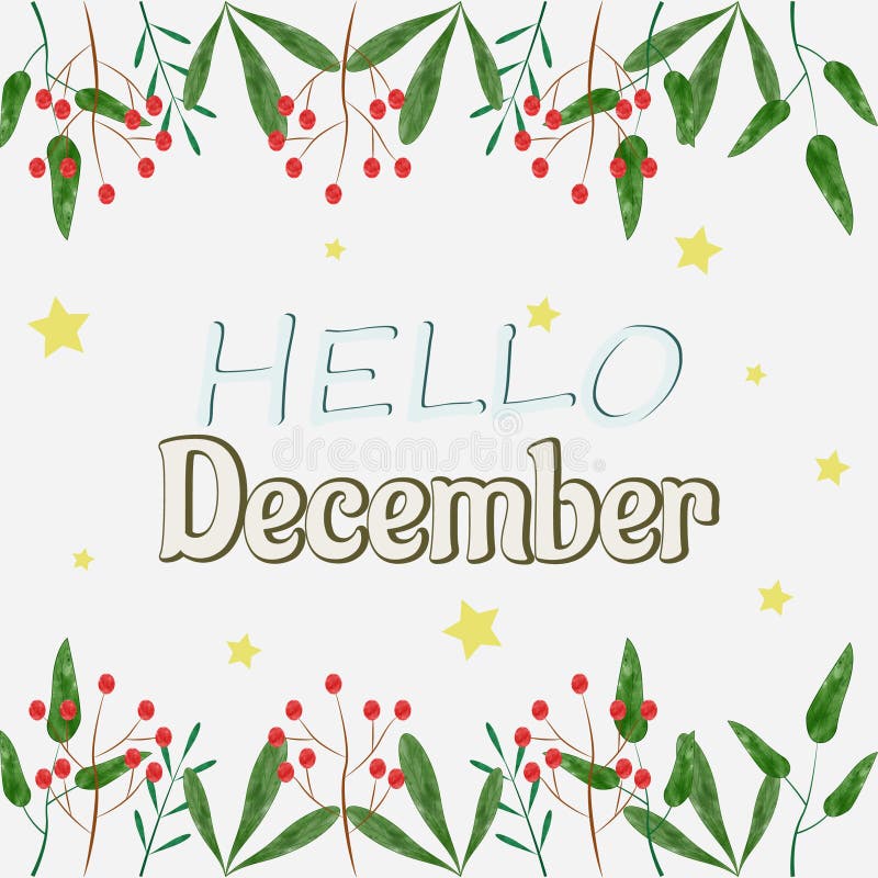 Watercolor Leaf Illustration with Lettering Hello December Stock ...