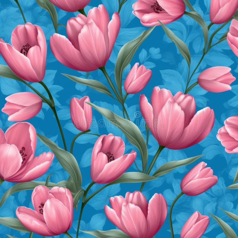 Hd Seamless Wallpaper with Tulip Pattern Sakura and Blue Embellishments ...