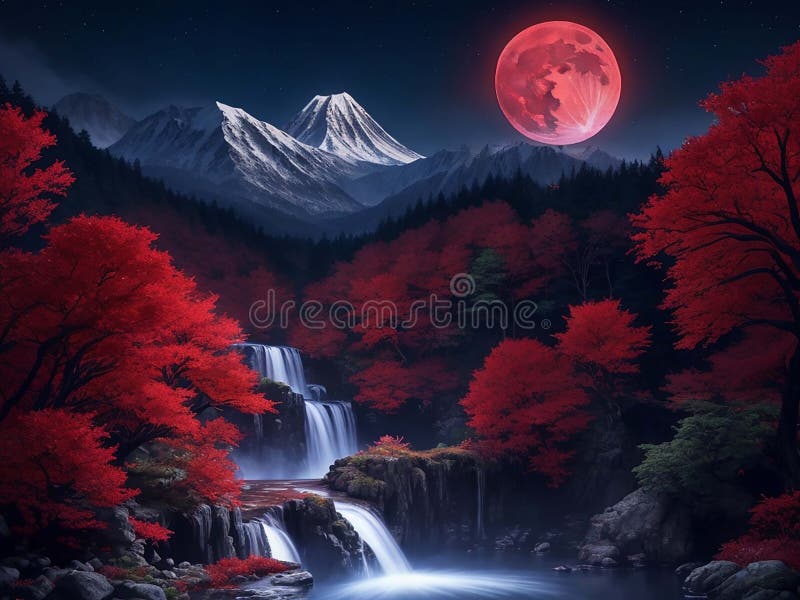 Hd Waterfall Wallpapers Mountain Magical Tree Background Big Moon Stock ...