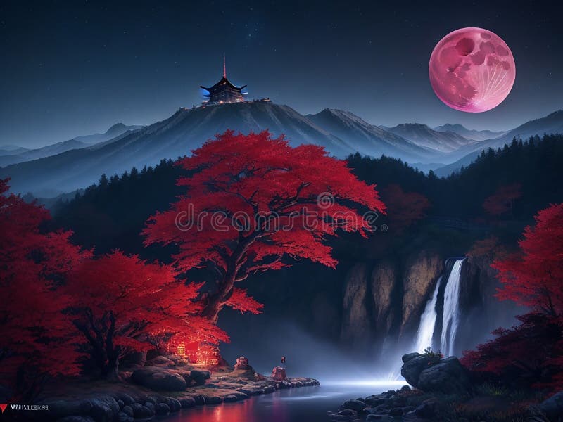 Hd Waterfall Wallpapers Mountain Magical Tree Background Big Moon Stock ...