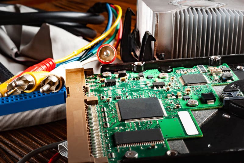 HDD and Cables. Old Computer Hard Drive. Microchips and PC Components ...