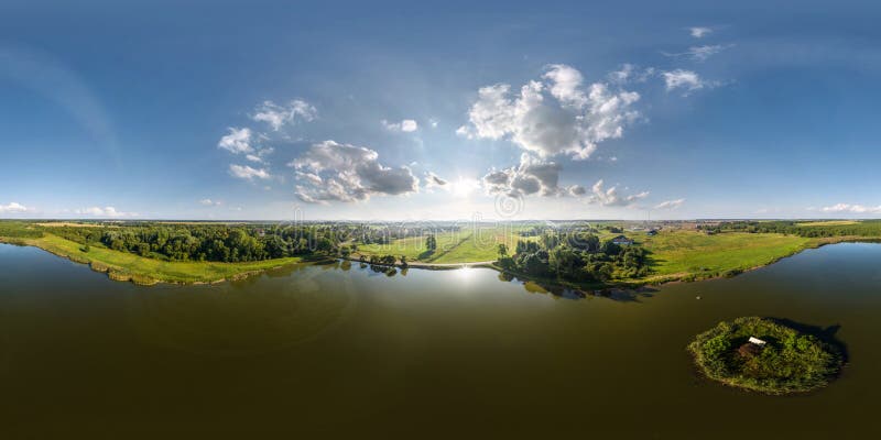360 Hdri Panorama Aerial View Over Lake with Island in Equirectangular ...