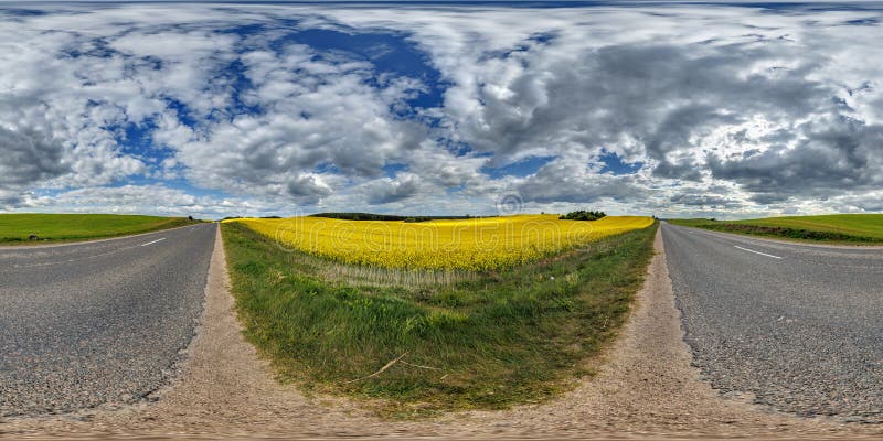 Hdri 360 Panorama on Asphalt Road Near Rapeseed Fields in ...