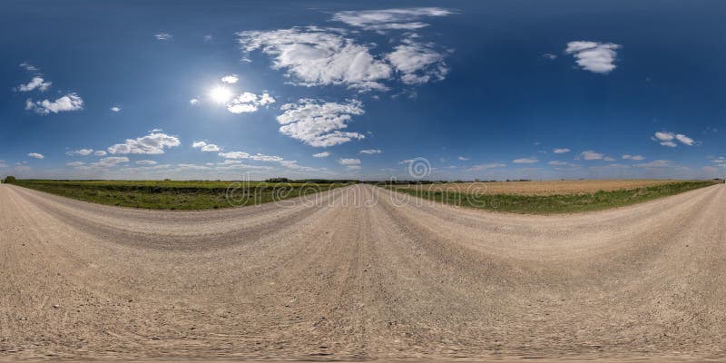 360 Hdri Panorama on Gravel Road with Clouds and Sun on Blue Sky in ...